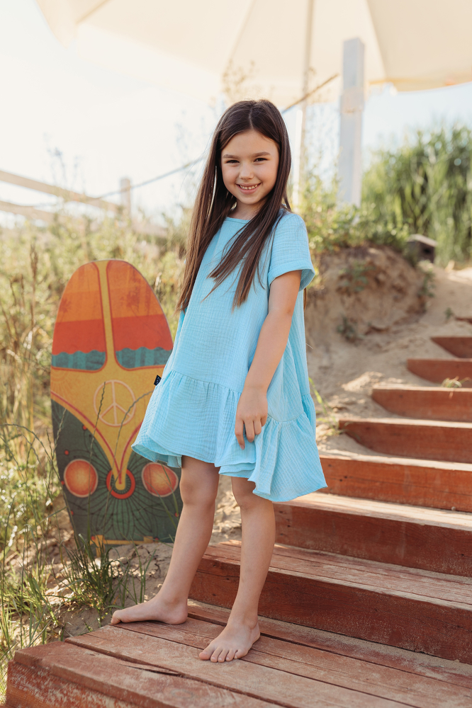 002-23 DRESS WH FURBELOW / LIGHT BLUE - GOTS